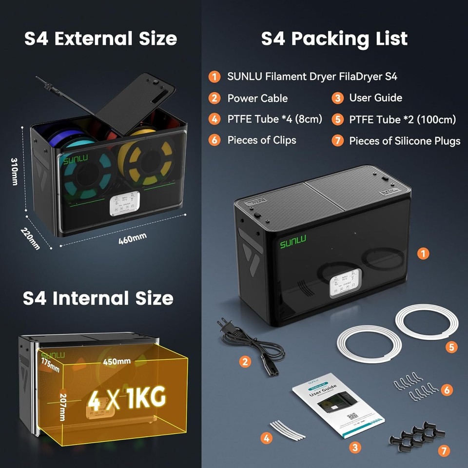 SUNLU S4 Filament Dryer Box Black,Weight 4.8KG,Hold 4 Rolls 1KG ...