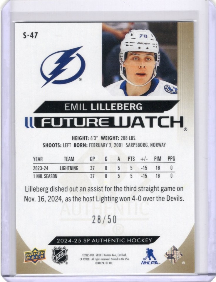 24-25 SP AUTHENTIC SPECTRUM FX ROOKIE * GOLD * BOUNTY EMIL LILLEBERG 28 ...