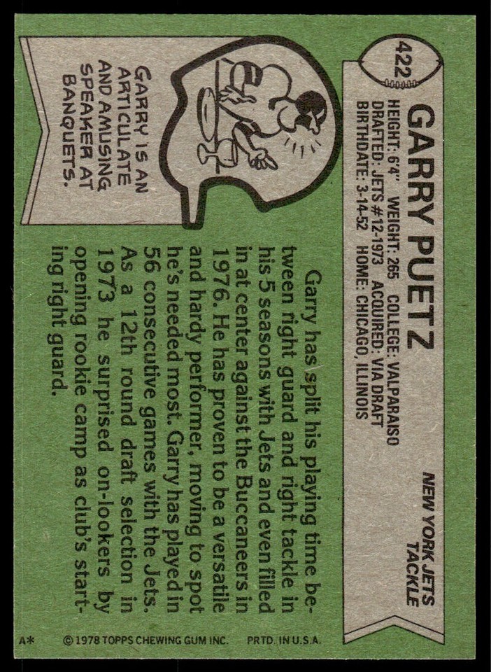 1978 TOPPS GARRY PUETZ K NEW YORK JETS #422 | eBay