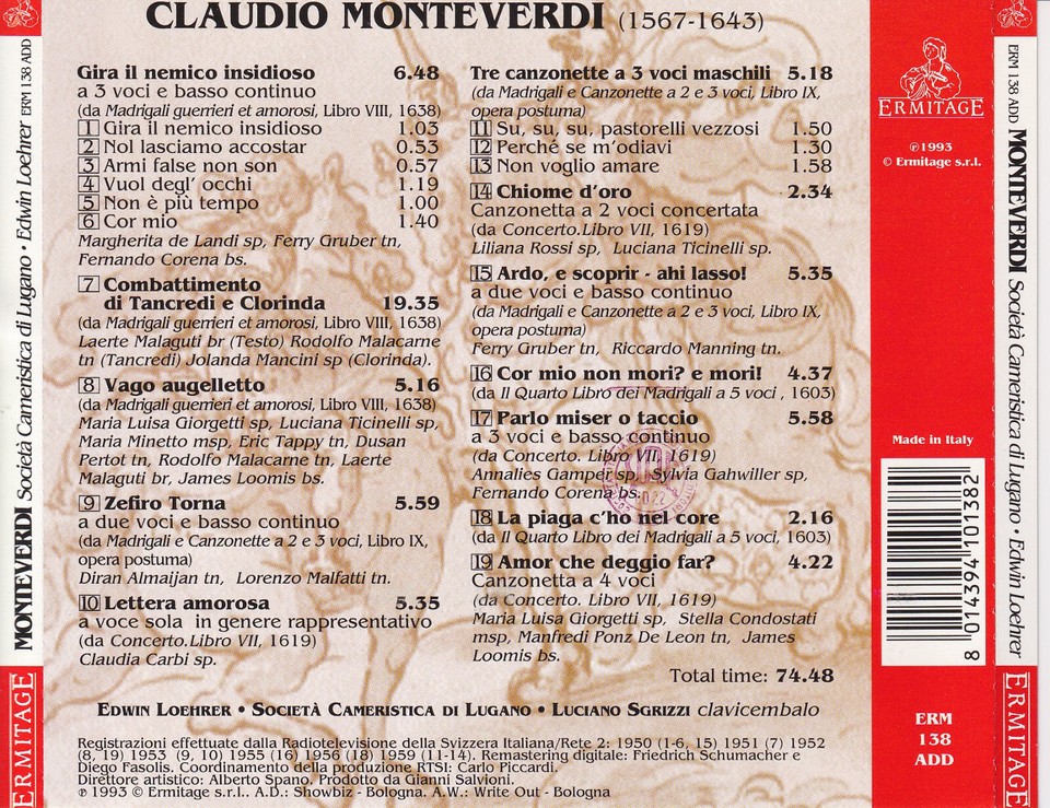 CLAUDIO MONTEVERDI Combattimento Di Tancredi e Clorinda (CD 1993) Edwin ...