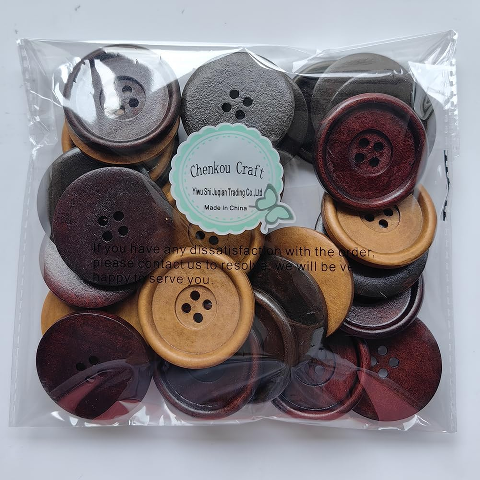 30Pcs Big Size 40Mm 1 1/2" round Wood Buttons 4 Holes Craft Sewing ...