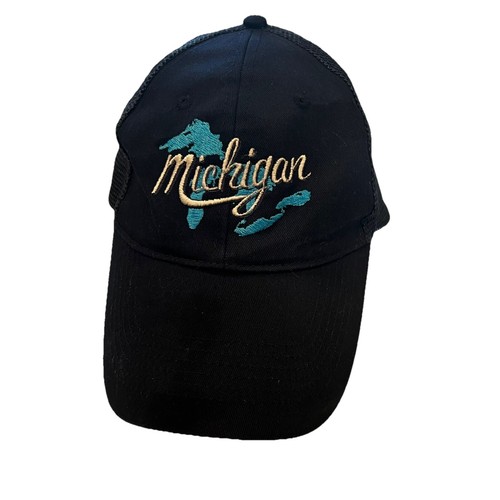 MIchigan w Bright Blue Embroidered Great Lakes on Navy Trucker Hat Cap ...