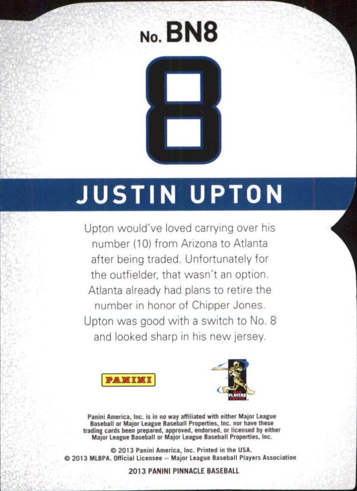 2013 Pinnacle Behind the Numbers Die-Cuts Braves Baseball Card #8 ...