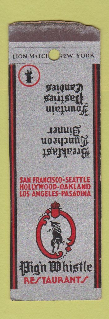 Matchbook Cover - Pig'n Whistle Los Angeles Hollywood SAMPLE POOR ...