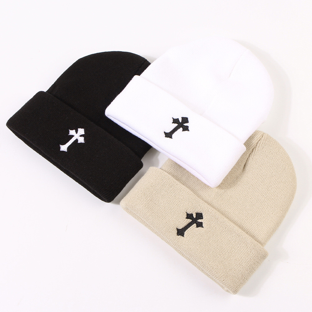 Trendy Cross Embroidered Knit Beanie Winter Hat Warm Urban Street Style ...