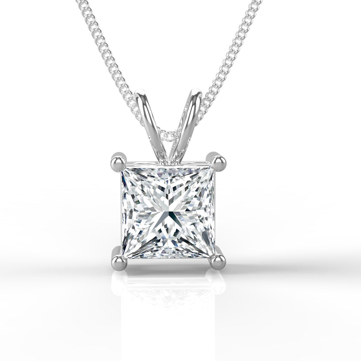 New 14KT White Gold Princess Cut Solitaire Diamond Pendant Necklace 1. ...