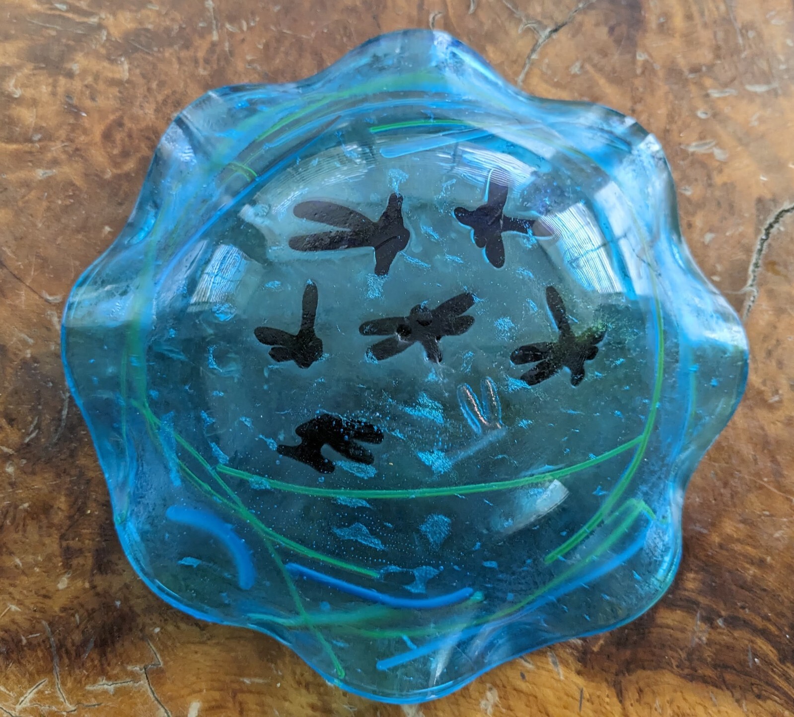 Fused Art Glass Blue Bowls Ruffled Edges Fish Dragonflies 7.5" Set Of 2 ...