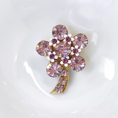 Vintage Pink Rhinestone Flower Pin Enamel Gold Rivet Brooch Sparkler ...