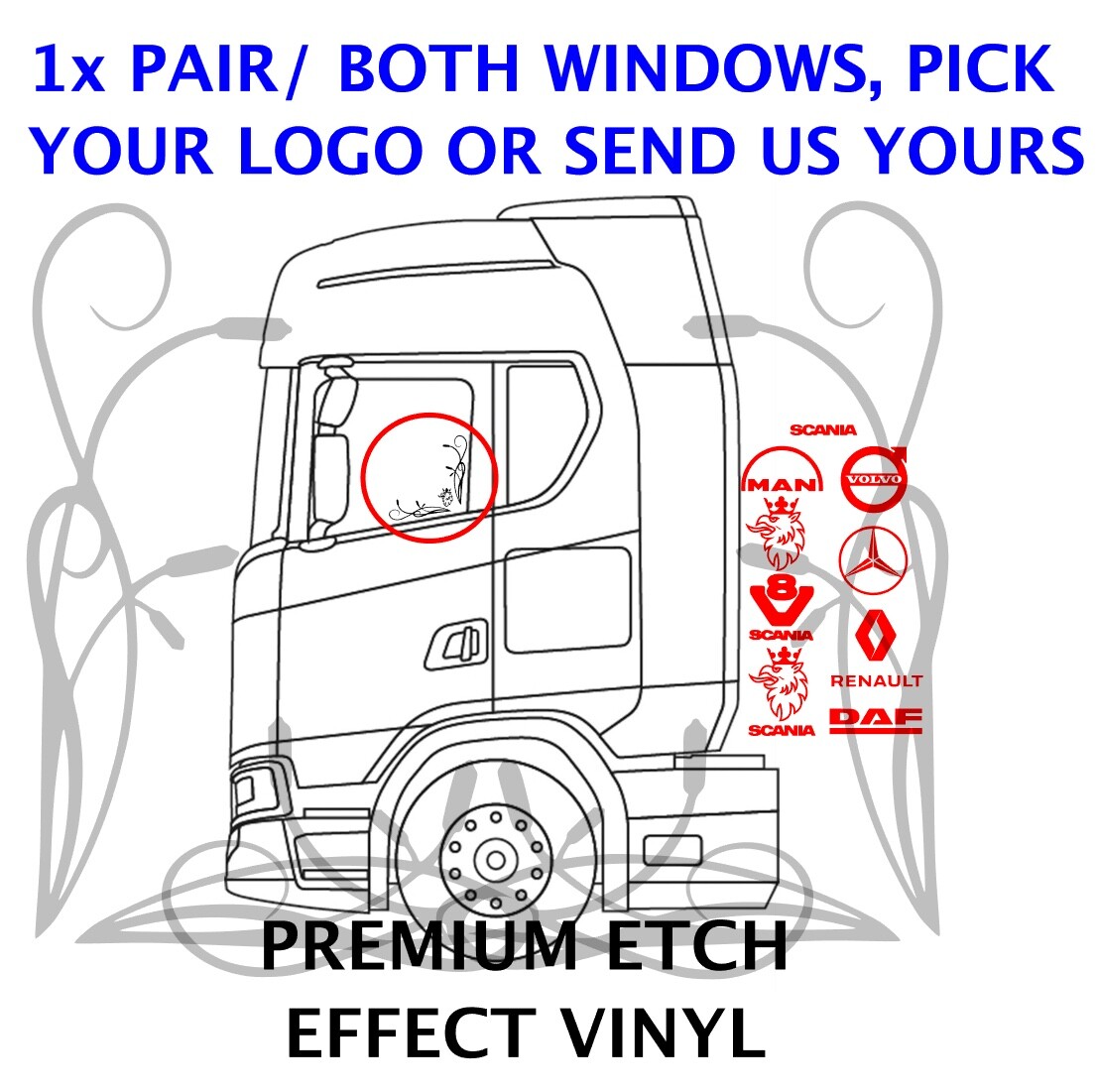 LORRY HGV TRUCK WINDOW GRAPHIC WINDOW STICKER LOGO SCANIA MAN MERC ...