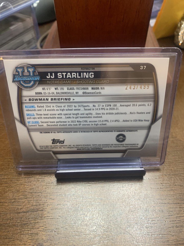 JJ STARLING AUTO #/499 Refractor 2022-23 Bowman Chrome University IRISH ...