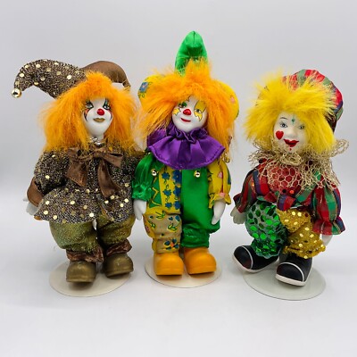 Jester Clown Dolls Lot of 3 With Stands Porcelain Dan Dee Collectors ...