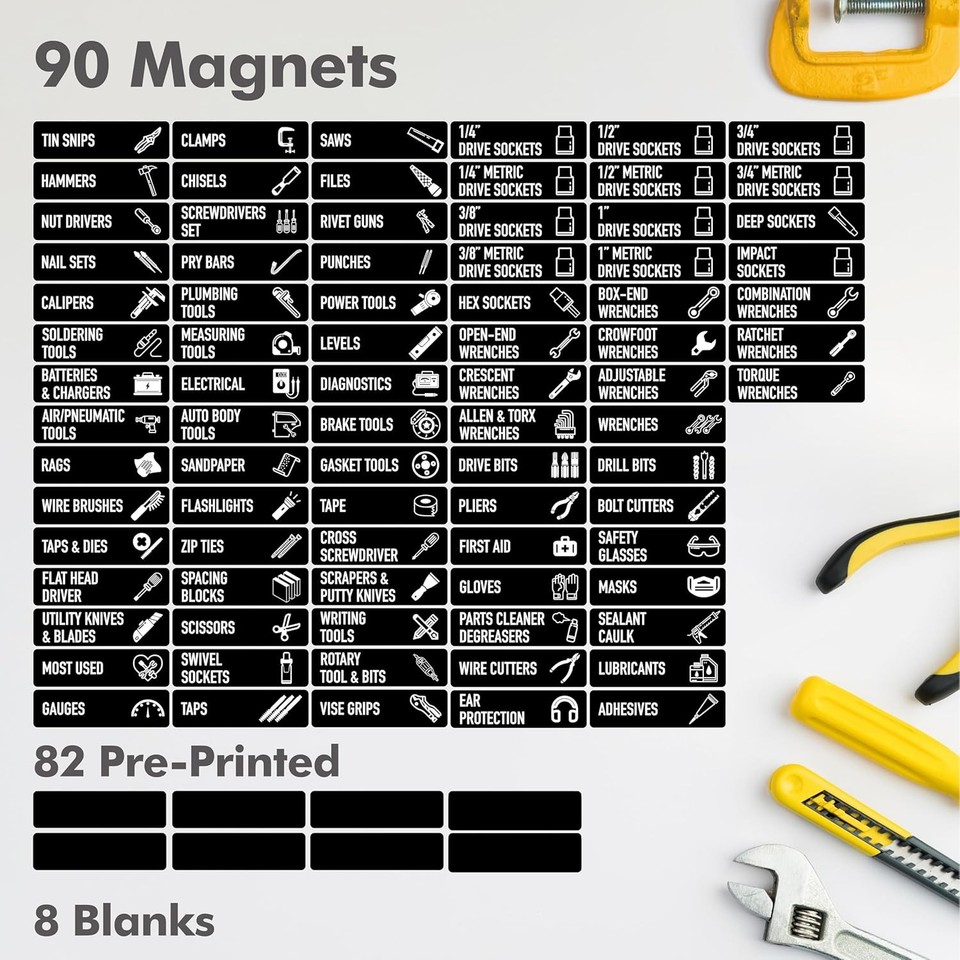 90 PCS Magnetic Toolbox Labels, 82 Pre-Printed & 8 Blanks Large Size ...