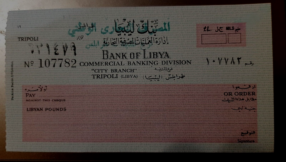 LIBYA 2 CHECKS IN LIBYAN BANK OF LIBYA &MASRAF ELOMAمصرف الامه TRIPOLI ...