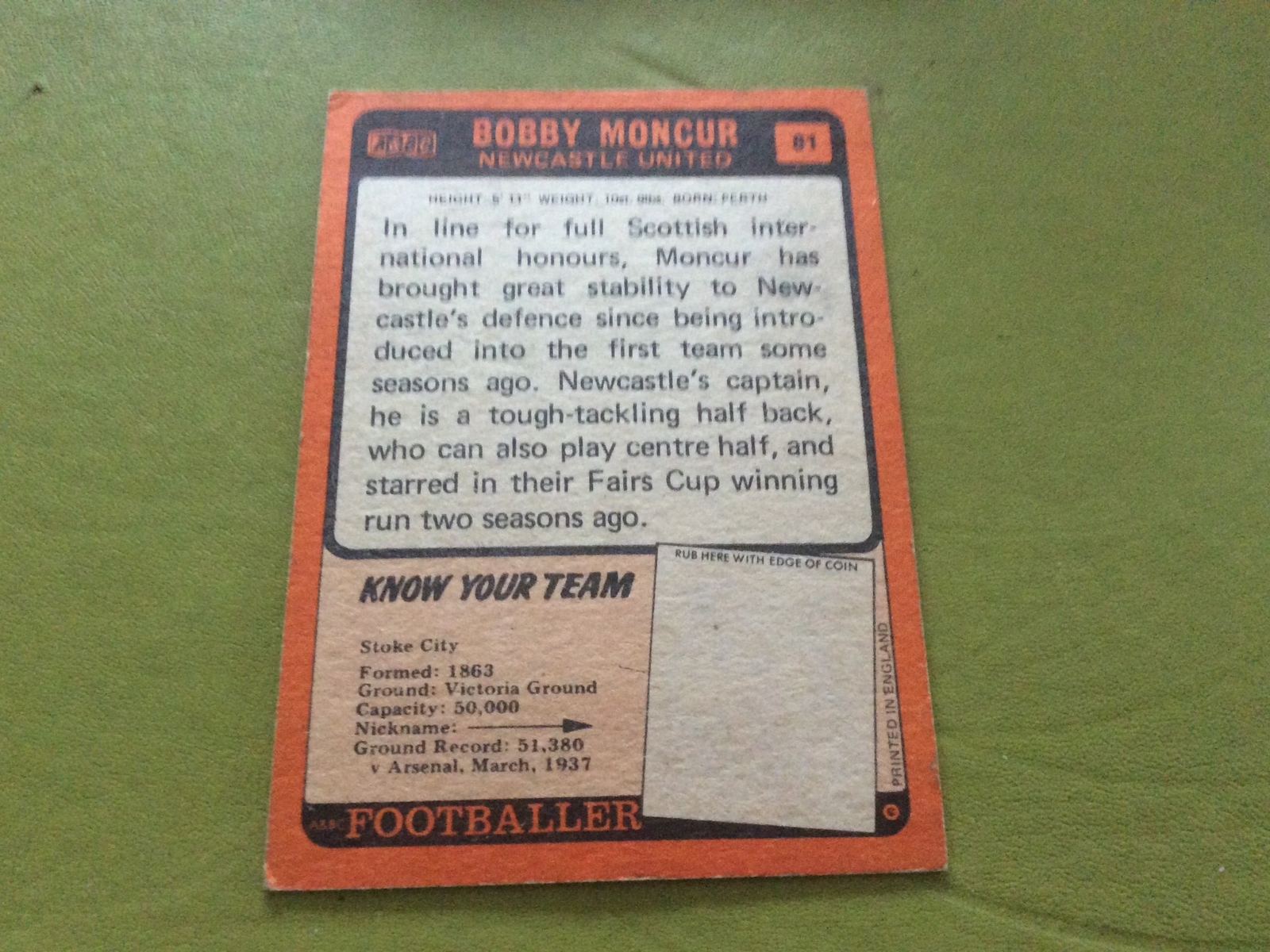 Bobby Moncur Newcastle United Original 1970 / 1971 A&BC Football Card ...