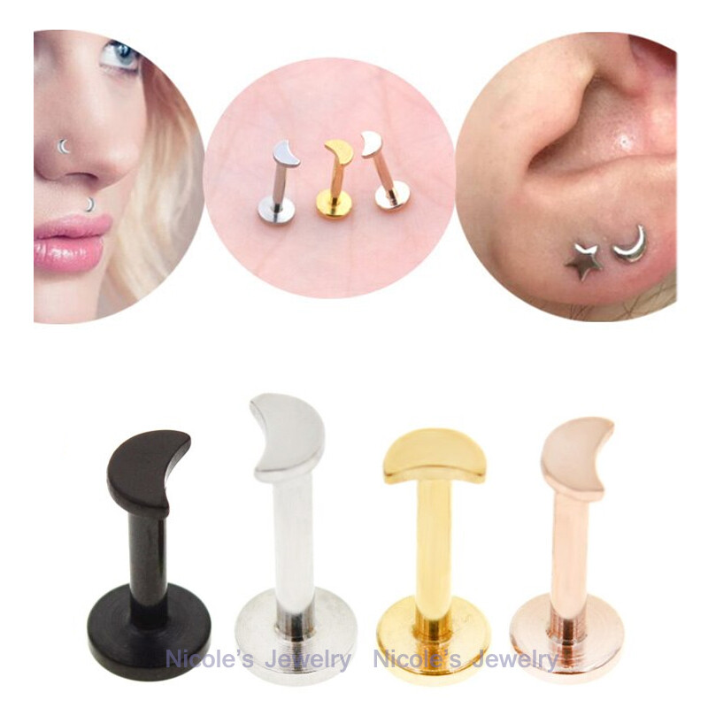 16G Internally Surgical Steel Moon Labret Lip Ring Tragus Helix Stud ...