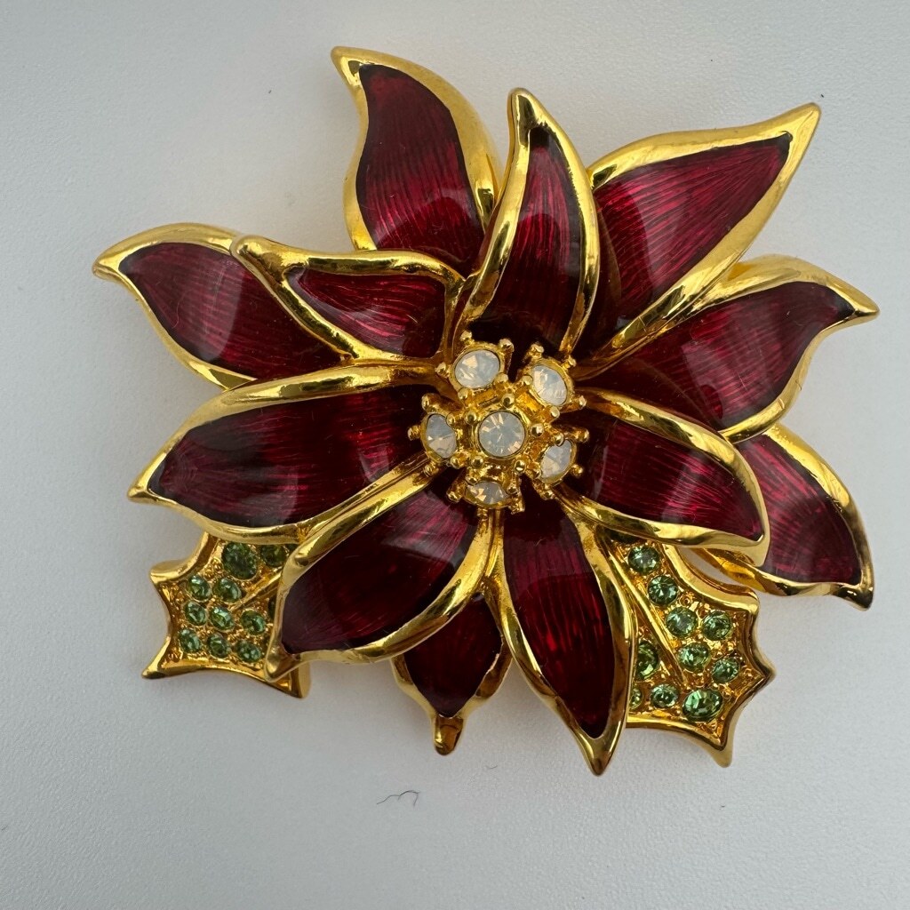 Nolan Miller Poinsettia Gold-tone trim Rhinestone Bro… - Gem