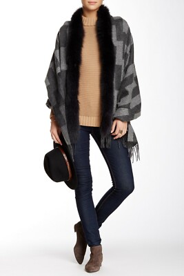 MITCHIE'S Genuine Gray Fox Fur Trim Wool and Cashmere Blend Wrap | eBay