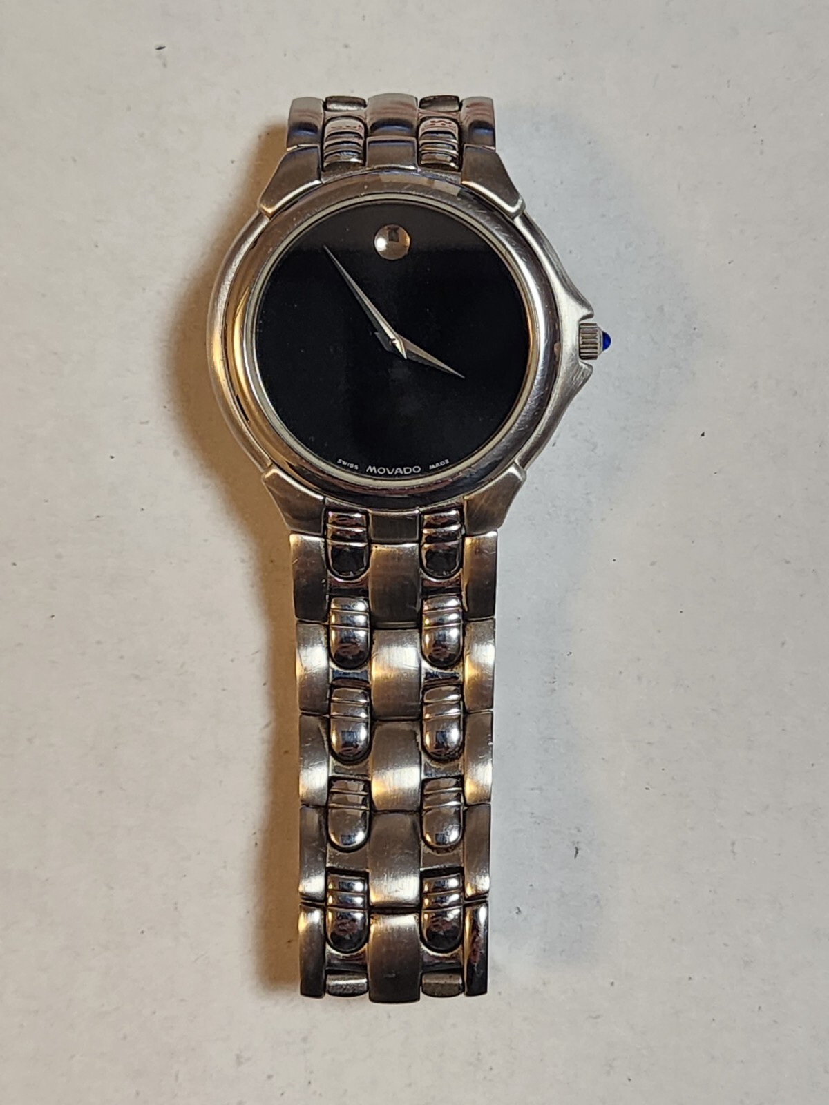 Movado Museum Watch New Battery Blue Jewel Crown Men Women Unisex 34mm ...