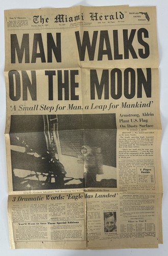 Apollo 11 Moon Landing Front Page of The Miami Herald, July 21, 1969 ...