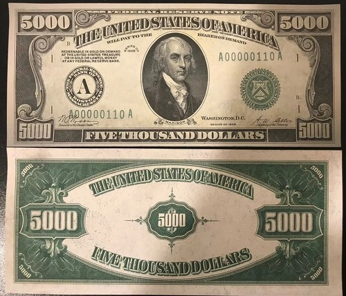 Reproduction United States 1928 $5000 Bill Federal Reserve Note Copy ...