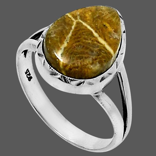 Premium Quality Flower Fossil Coral 925 Sterling Silver Ring s.8 ...
