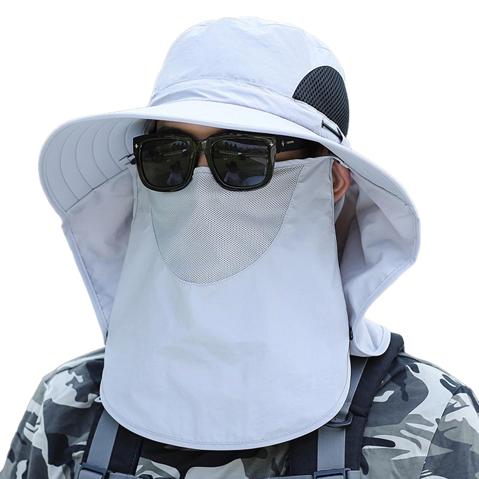 Outdoor UV Protection Cover Sun Hat Face Neck Flap Cap Wide Brim Beach ...