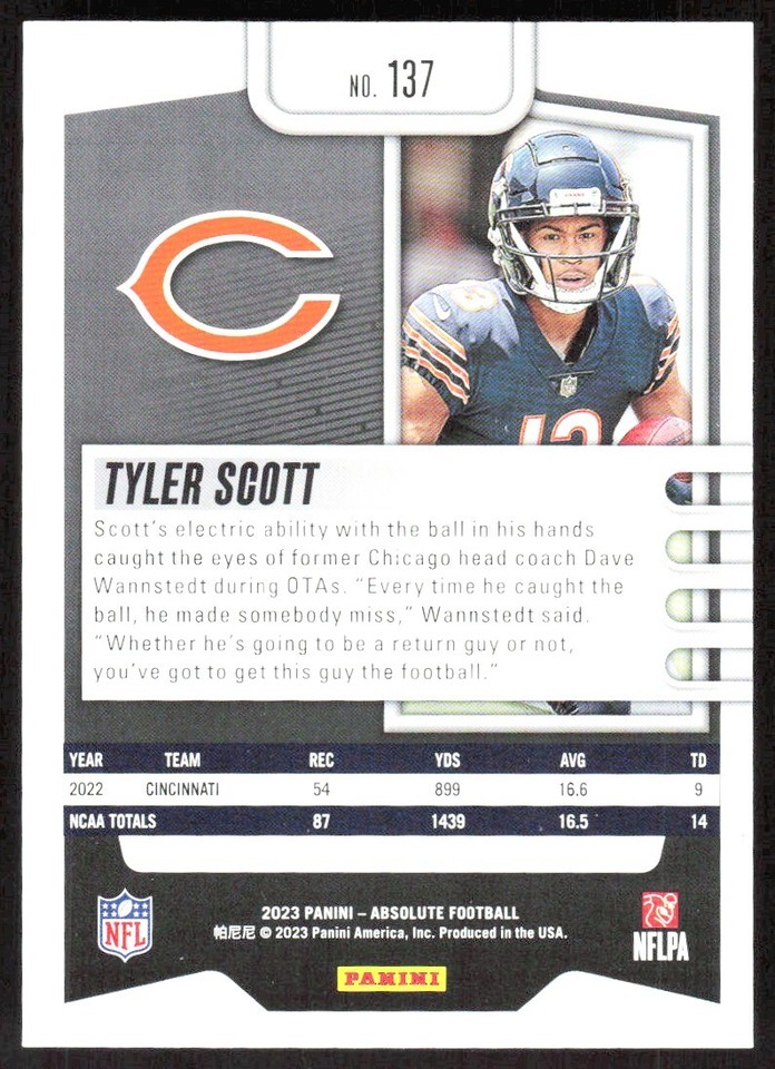 2023 2883B Panini Absolute Tyler Scott Rookie Chicago Bears #137 | eBay
