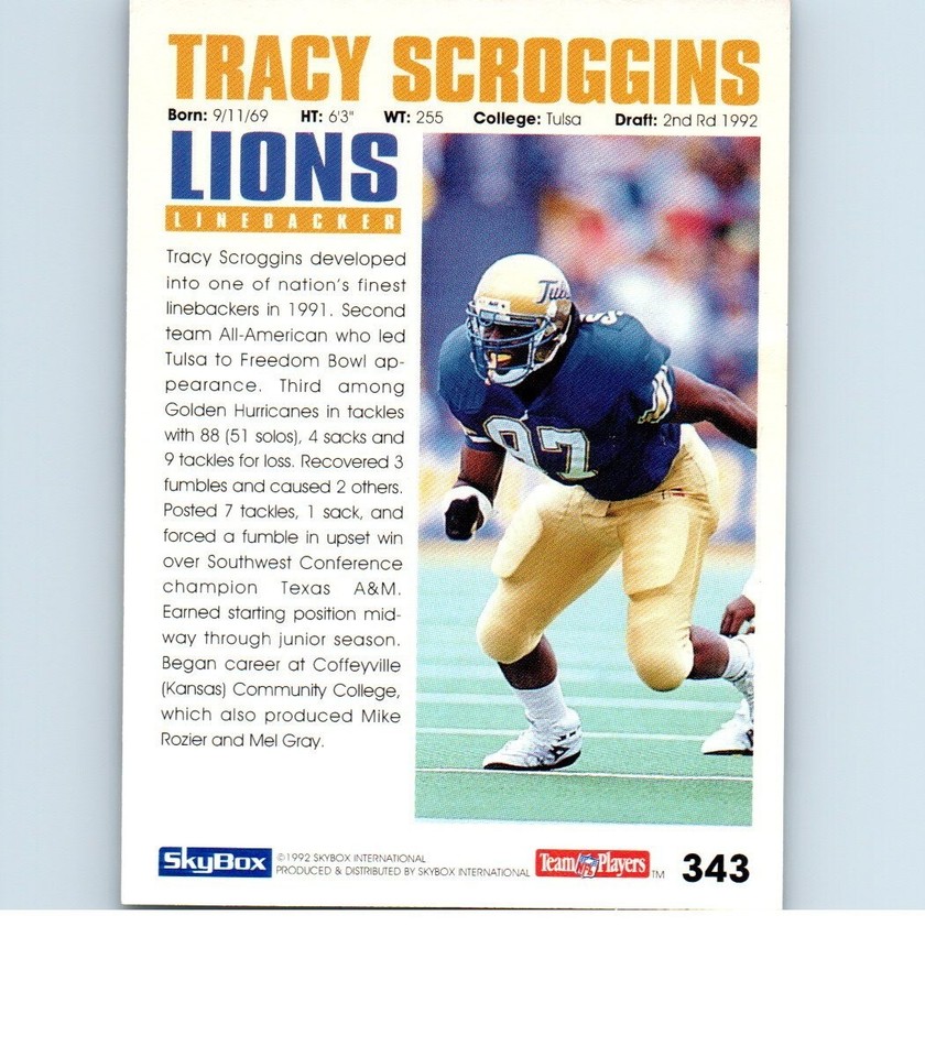 Tracy Scroggins 343 Lions 1992 Skybox Football Trading Card | eBay