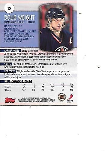 Doug Weight 1999-00 Topps Premier Plus Hockey Card #18 Edmonton Oilers ...