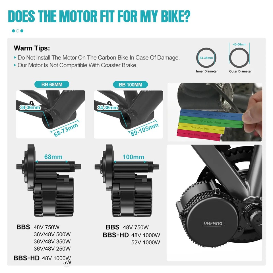 48V750W Bafang Mid Drive Motor Kit BBS02B 68-100mm Electric Bike ...