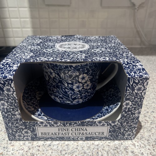 Abbeydale fine china large breakfast tea cup and saucer set blue and ...