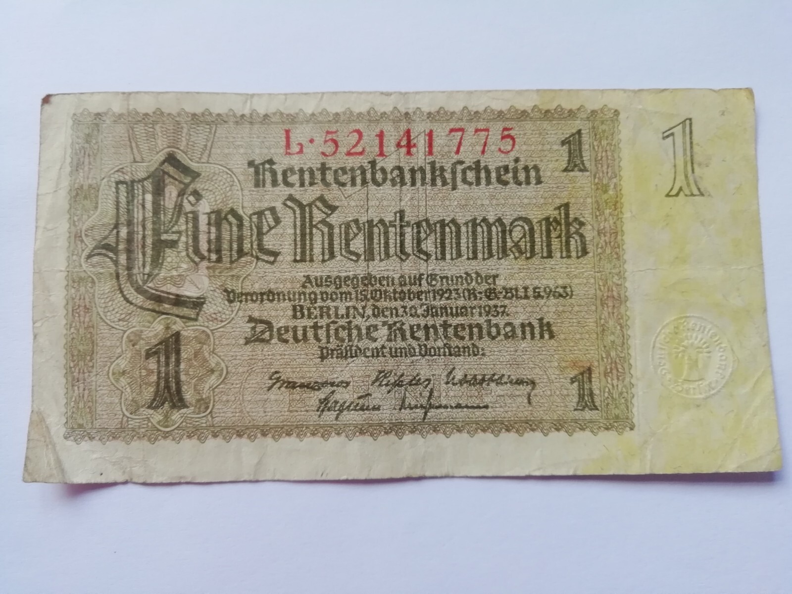 1937 GERMANY 1 OLD GERMAN MARK BANK NOTE DEUTSCHLAND REICHS BANKNOTE ...