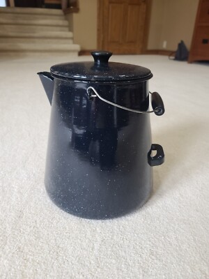 Vintage Enamel Ware Blue White Speckled Large Cowboy Coffee Pot Kettle ...