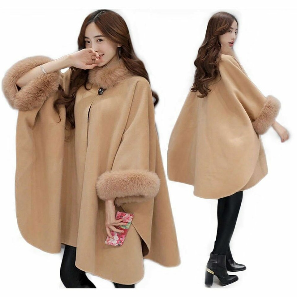 Women's Flare Sleeve Faux Fox Fur Collar Winter Cloak Cape Coat Poncho ...