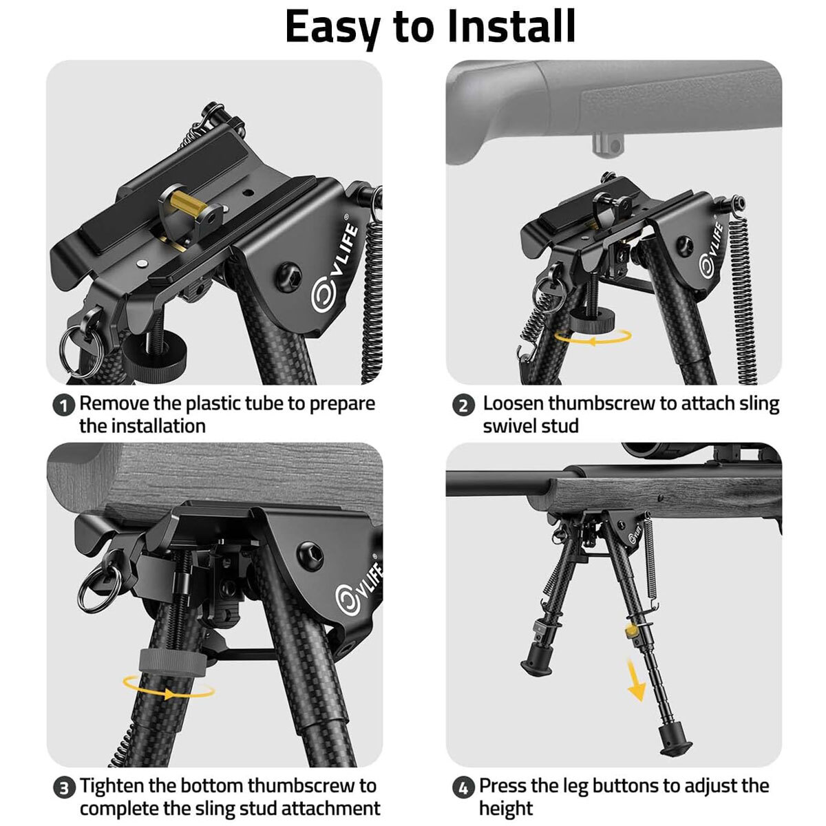 Adjustable 6"- 9" Tactical Rifle Bipod Spring Return For Sling Swivel ...