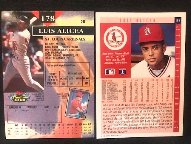 MLB - Luis Alicea 1993 Topps Stadium Club & 1993 Score Baseball ...