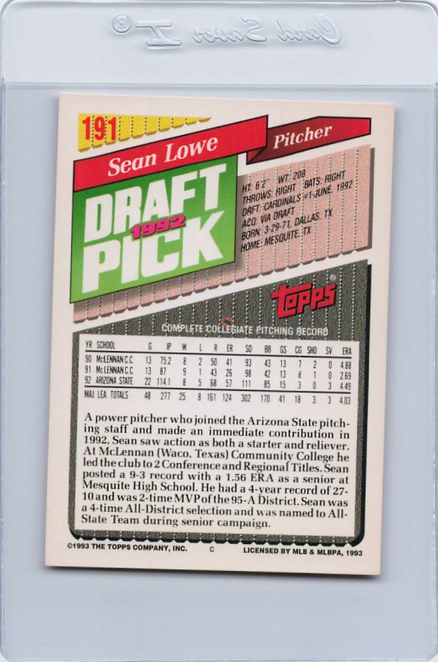 1993 Topps #191 Sean Lowe Cardinals Signed Auto *G5668 | eBay