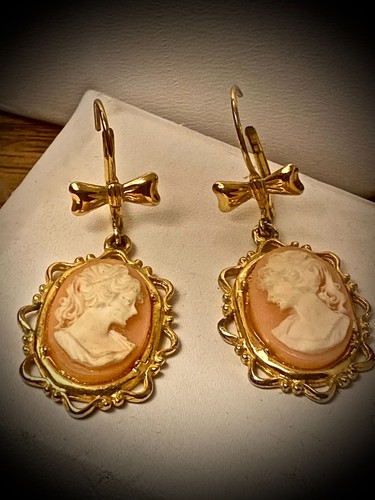 Light Coral with Bone Colored Cameos, gold tone Dangle Earrings | eBay