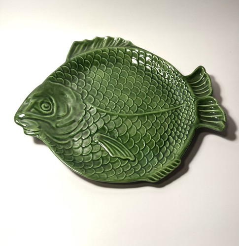 Vintage Hand Made Fish Platter Green Relish Tray Plate Ceramic Embossed ...