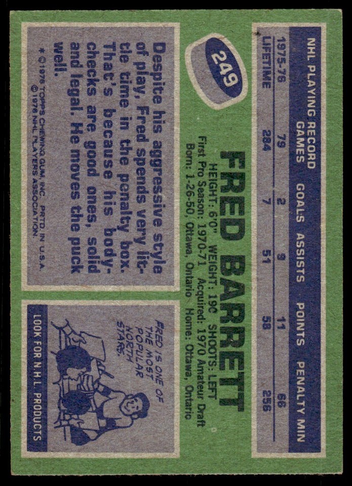1976-77 Topps Hockey Card Fred Barrett Minnesota North Stars #249 | eBay
