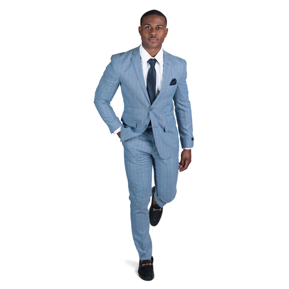 Slim Fit Pinstripe Mens Suit Slate Blue Line 2 Button Notch Lapel AZAR ...