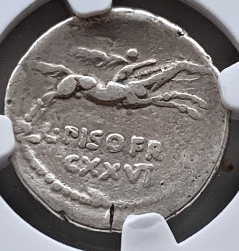 Roman Republic L C Piso Frugi 90 BC AR Denarius Apollo Horseman NGC VG ...