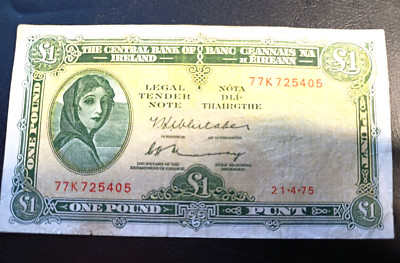 1975 Ireland Lady Lavery Pound note - Date: 21.4.75 - Serial: 77K725405 ...