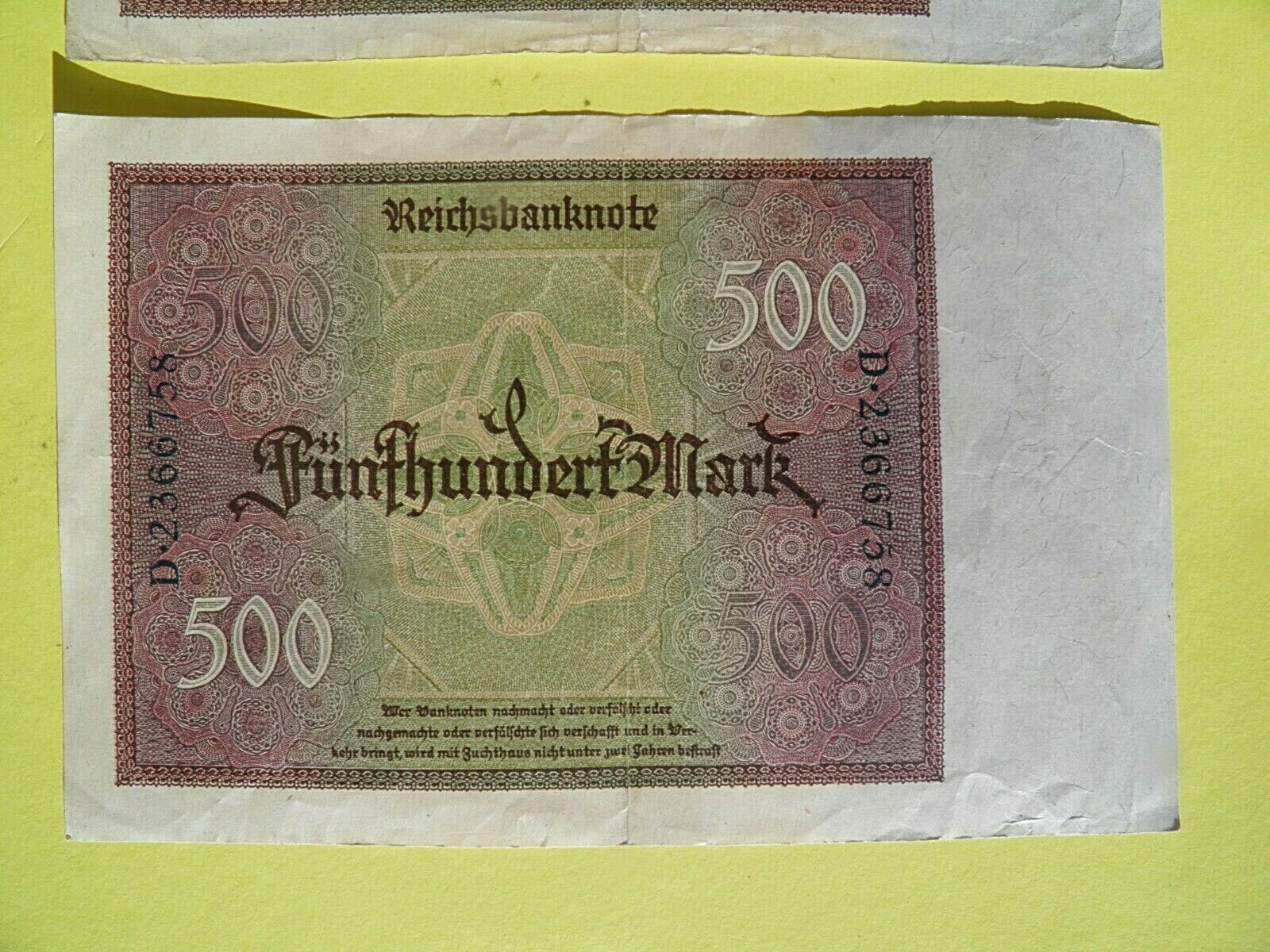 2 Alte Geldscheine Fünfhundert Mark Reichsbanknote 1922 Inflation | eBay
