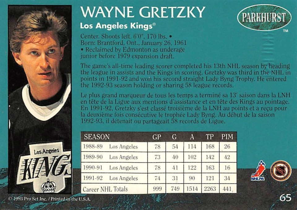 1992-93 Parkhurst Emerald Ice #65 Wayne Gretzky | eBay