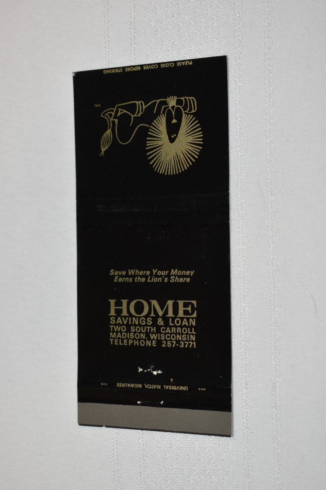 Home Savings and Loan Madison Wisconsin Lion 30 Front Strike Matchbook ...