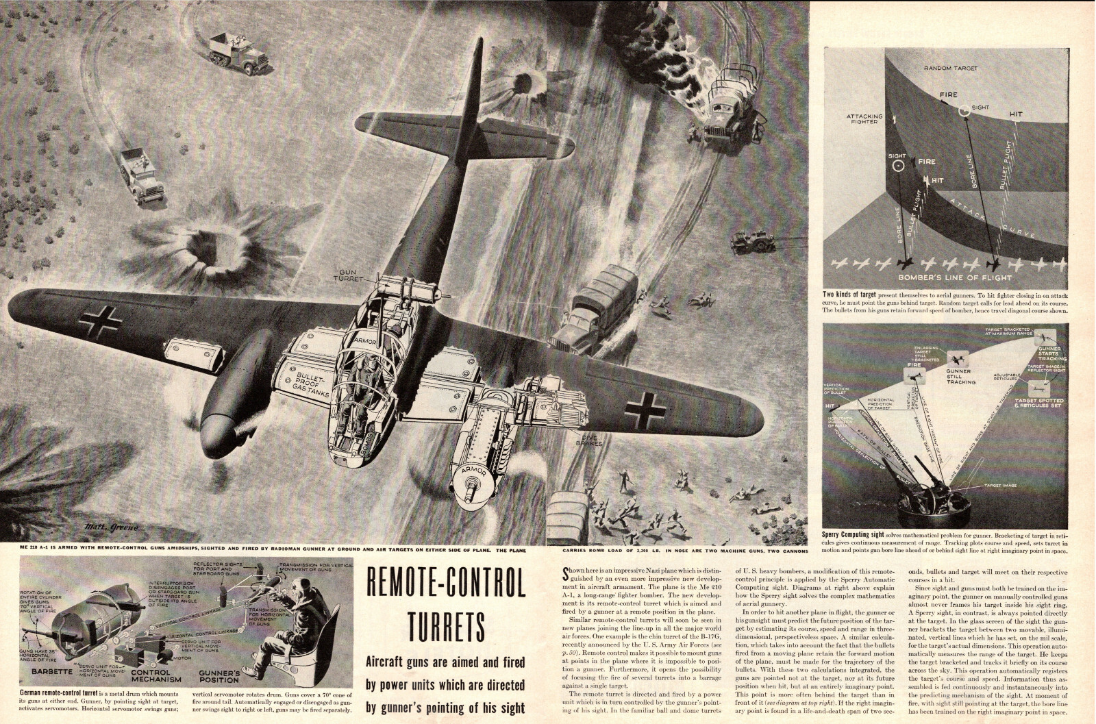 1942 WW 2 article REMOTE CONTROL AIRCRAFT GUN TURRETS ME 210, B-17 ...