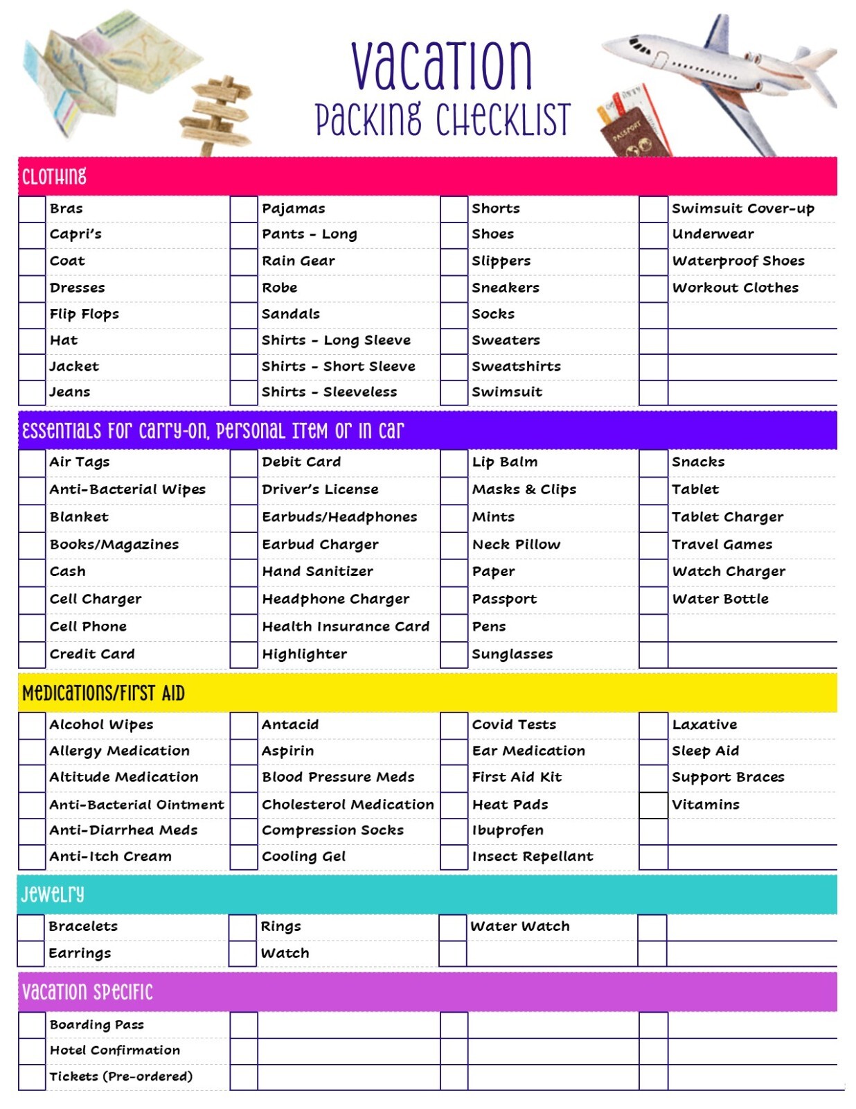 Vacation Travel Packing List Checklist - Double Sided - Don't Forget ...