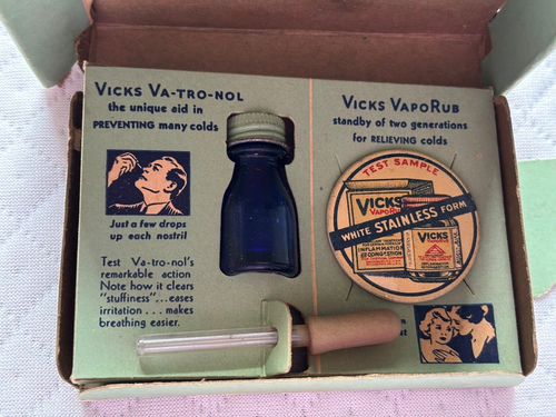 Vintage sample box Vicks VapoRub Va-Tro-Nol Cobalt Blue Glass Dropper ...