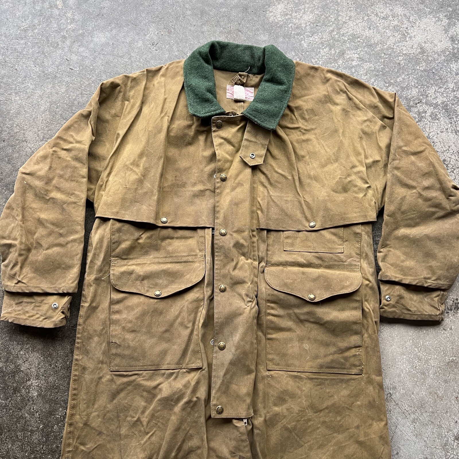 Vtg CC Filson Tin Cloth Oil Waxed DUSTER Coat Style #65 Shell Mens Size ...